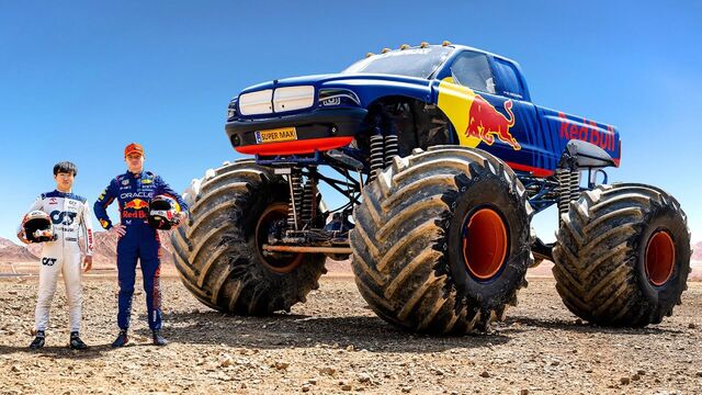 F1 Drivers Race HUGE Mega Trucks (Max vs Yuki) - Formula 1 Videos ...
